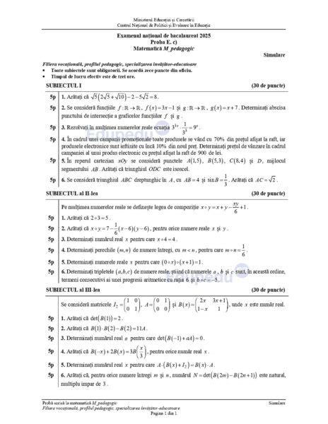 Subiecte Matematică Profil Pedagogic Simulare Bac 2025 Edupedu Ro