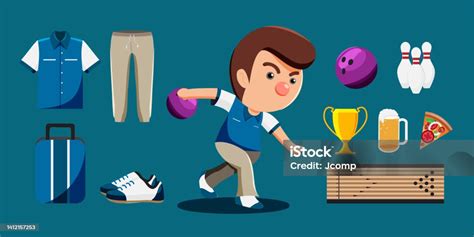 볼링 선수 만화 및 공 유니폼 차선 핀 트로피 신발과 같은 장비 세트 Championship에 대한 스톡 벡터 아트 및 기타 이미지 Championship 가방 개체