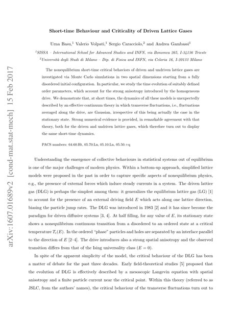 Pdf Short Time Behaviour And Criticality Of Driven Lattice Gases