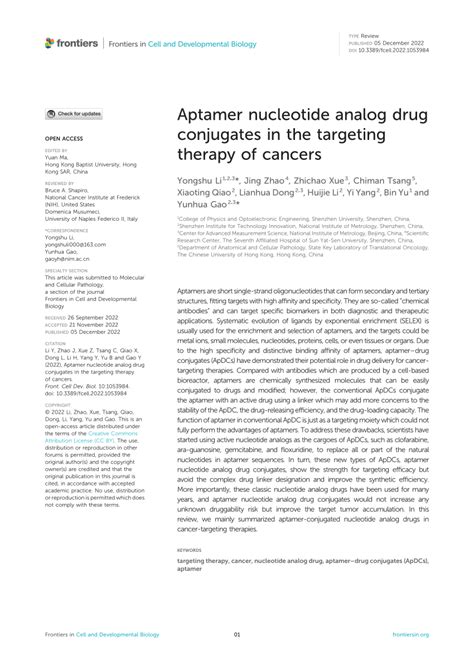 Pdf Aptamer Nucleotide Analog Drug Conjugates In The Targeting Therapy Of Cancers