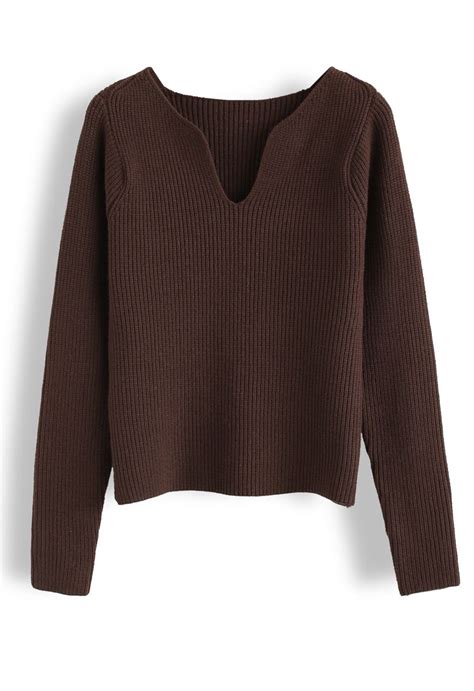 V Neck Ribbed Knit Sweater In Brown Retro Indie And Unique Fashion