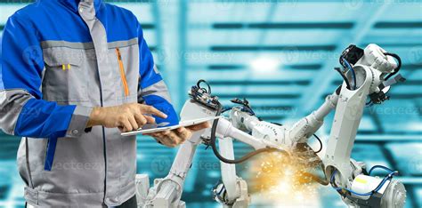 Manager Engineer Check Control Automation Robotic Arms Industrial Robots Factory Automation