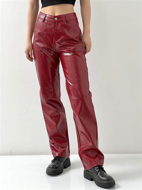 Emmiol Free Shipping 2026 Croc Embossed Faux Leather Pants Burgundy M