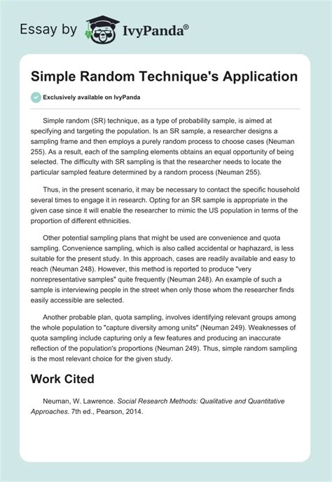 Simple Random Techniques Application 262 Words Essay Example