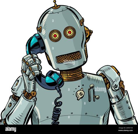 A Humanoid Robot Speaks On An Old Wire Telephone Artificial