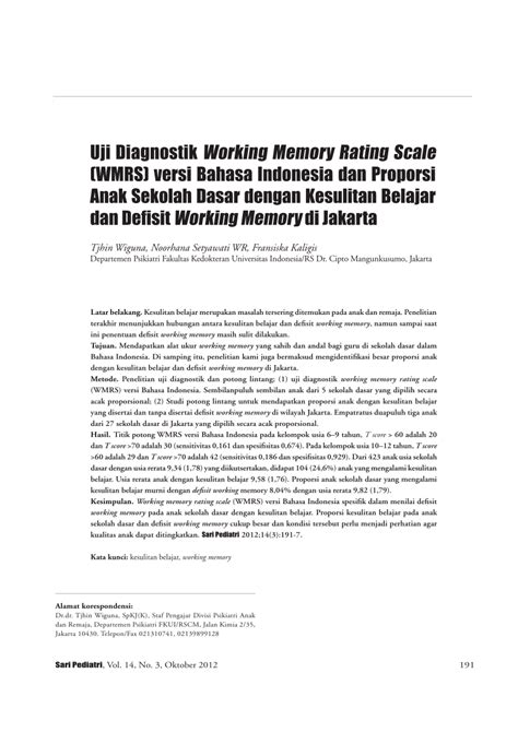 Pdf Uji Diagnostik Working Memory Rating Scale Wmrs Versi Bahasa