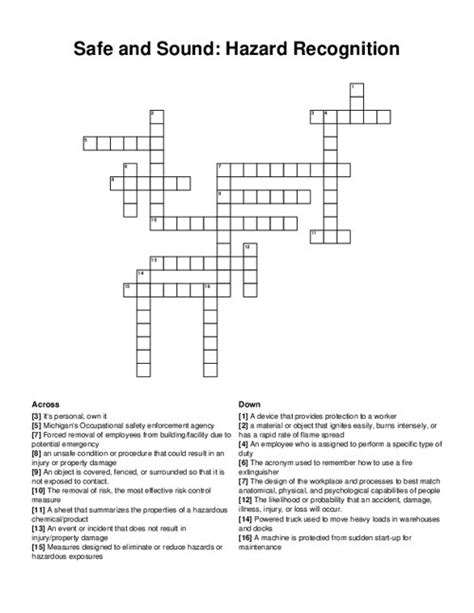 Safe And Sound Hazard Recognition Crossword Puzzle
