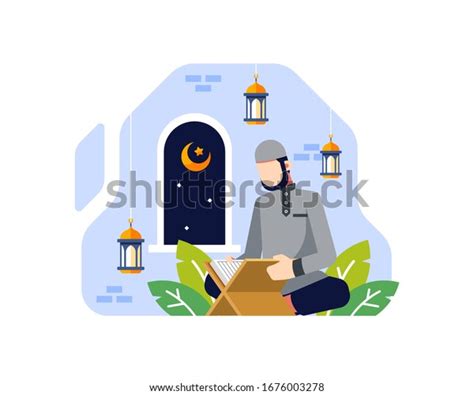 이슬람 남성이 이슬람 그림을 읽는 라마단 스톡 벡터로열티 프리 1676003278
