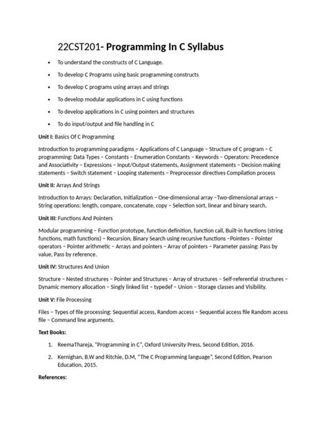 22cst201 programming in c syllabus pdf c programming language pointer computer programming
