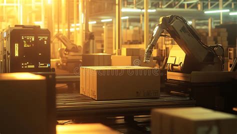 Automated Warehouse Robotics System Robotic Arm Handling Cardboard Boxes On Conveyor Belt Ai