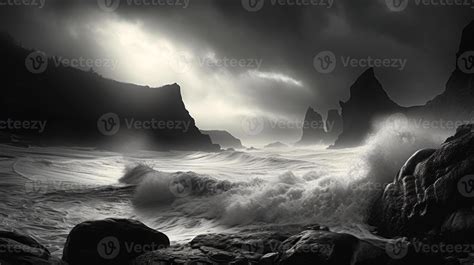 Ai Generated A Dramatic Monochrome Seascape With Crashing Waves Generative Ai 43166431 Stock