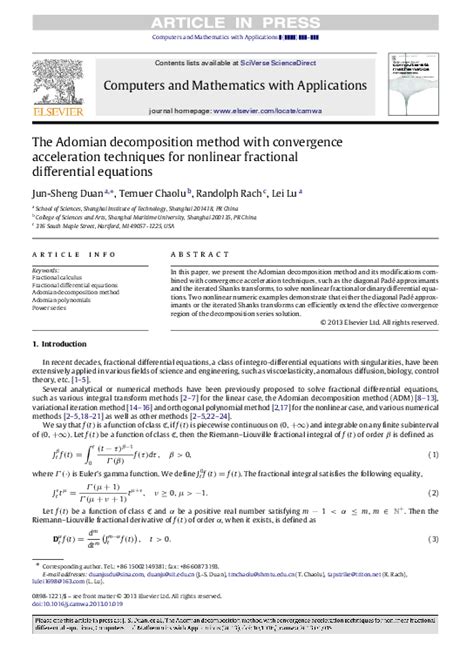 Pdf The Adomian Decomposition Method With Convergence Acceleration