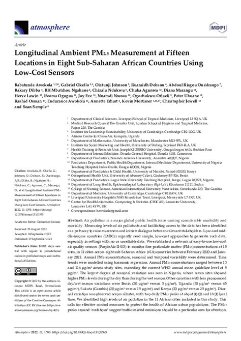 Pdf Longitudinal Ambient Pm2 5 Measurement At Fifteen Locations In Eight Sub Saharan African