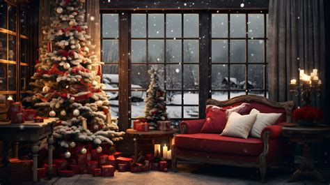 Cozy Christmas Living Room With Tree And Snowy Window View 33541213