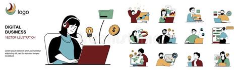 Digital Business Concept With Character Situations Mega Set In Flat Web