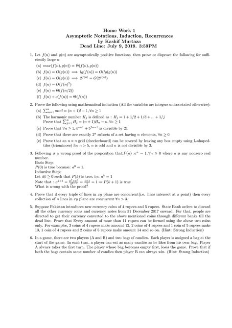 Algo Hw 1 Home Work 1 Asymptotic Notations Induction Recurrences Kashif Murtaza Dead Line