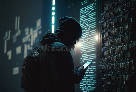 Suspicious Man With Mobile Inside Corporate Data Servers For Data Breach Attack Stock