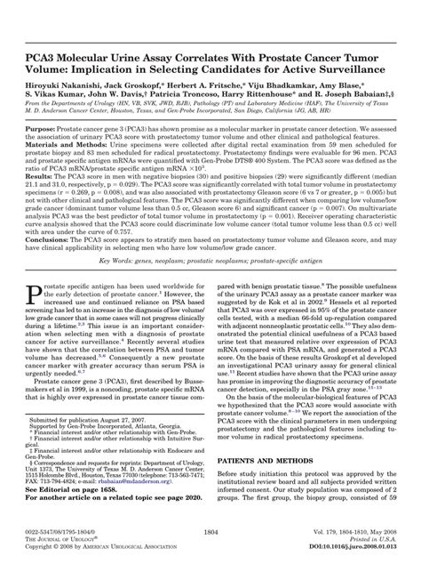 Pdf Pca3 Molecular Urine Assay Correlates With Prostate Cancer Tumor