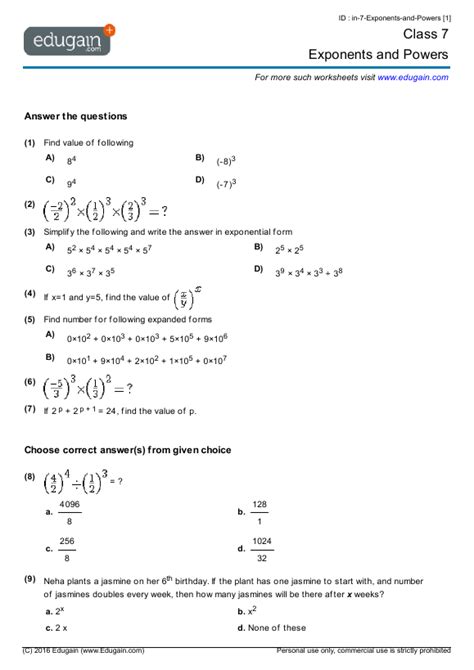 Class Exponents And Powers Math Practice Questions Tests Worksheets Quizzes