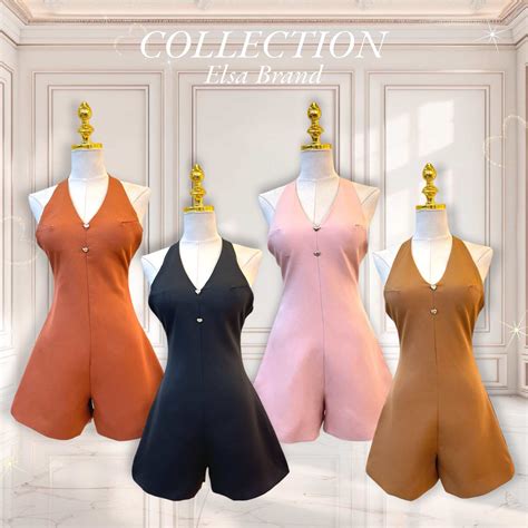 Elsa Y047 จั๊มกางเกงขาสั้นแขนกุดคอวีคล้องคอโชว์หลังแต่งกระดูมหัวใจ