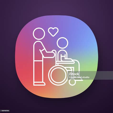 장애인은 앱 아이콘을 돕습니다 장애인에 대한 자원 봉사 책임 개호 남자는 휠체어에 유효하지 않습니다 Ui Ux 사용자 인터페이스 웹 또는 모바일 응용 프로그램입니다 벡터