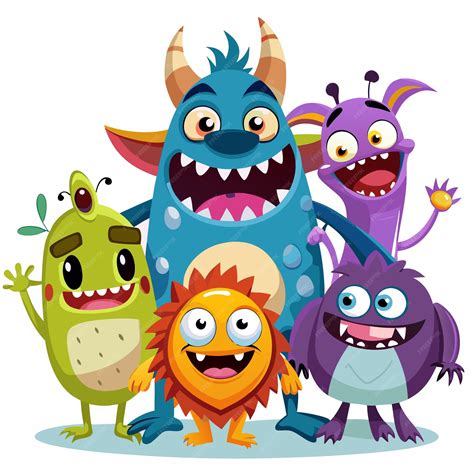Four Colorful Cartoon Monsters With Big Eyes And Toothy Smiles Are