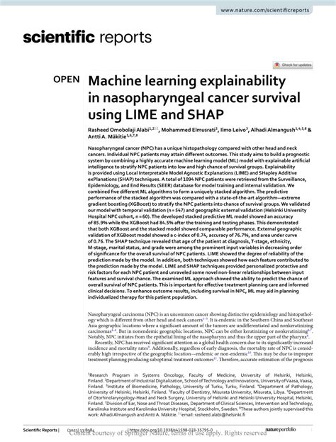 Pdf Machine Learning Explainability In Nasopharyngeal Cancer Survival