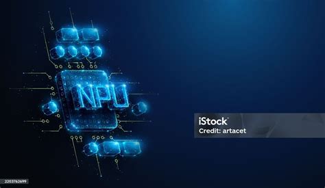 Low Poly Npu 인공 지능 하드웨어 칩 추상적 인 기하학적 그림 Ai 신경 처리 장치 컴퓨팅 기술 개념 파란색 배경에 와이어 프레임 메쉬를 묘사 3차원 형태에 대한