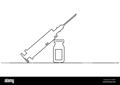 Medical Syringe And Bottle With Liquid Drug In Continuous One Line