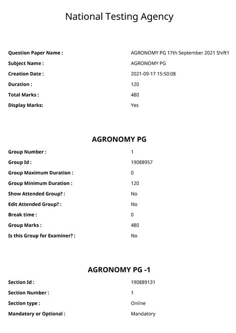 agronomy icar pg 2021 national testing agency question paper name