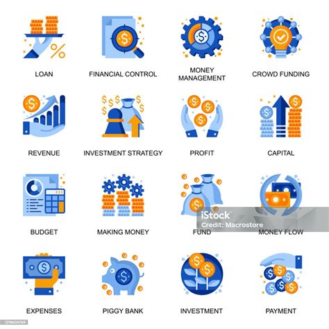 평평한 스타일로 설정된 재무 관리 아이콘입니다 돈 흐름 크라우드 펀딩 돼지 저금통 수익 및 대출 자본 기금 및 예산 돈 징후를 만들기 아이콘에 대한 스톡 벡터 아트 및 기타