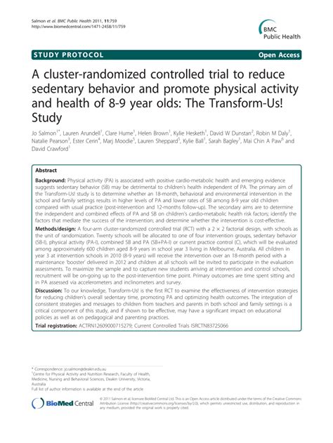 Pdf A Cluster Randomized Controlled Trial To Reduce Sedentary
