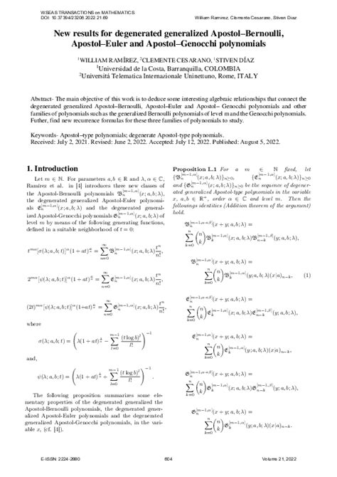 Pdf New Results For Degenerated Generalized Apostolbernoulli Apostoleuler And Apostol