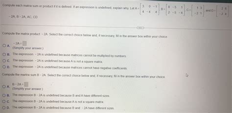 solved compute the matrix product −2a select the correct