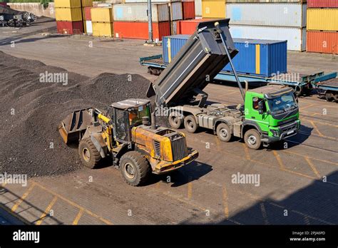 Operations With Coal In Seaport Loading Coal On Bulk Carrier Coal Loading By Cranes On Bulk