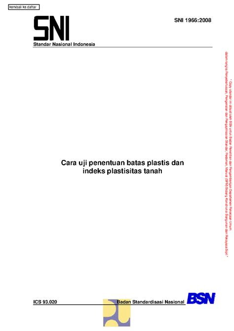 Sni 19662008 Standar Uji Batas Plastis Dan Indeks Plastisitas Tanah