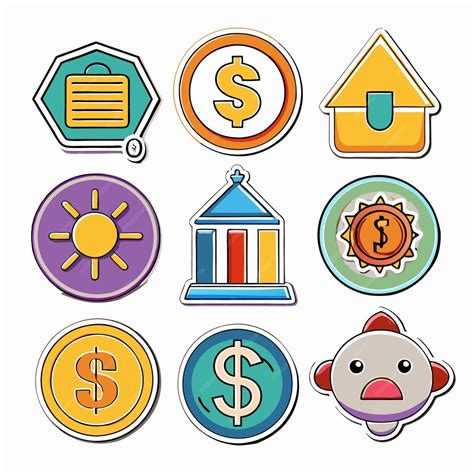 Colorful Stickers With Dollar Signs Sun And Buildings Finance Money