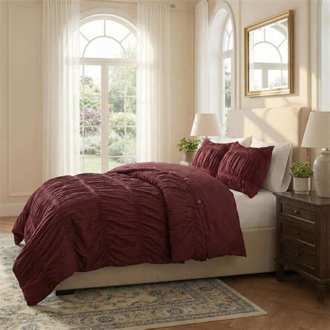 Wrinkled Duvet Cover Set Burgundy Wine Boho Bedding Soft Textured