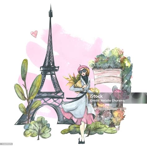 에펠 탑 꽃 가게 파리 소녀와 파리시의 파노라마 분홍색 배경에 그래픽 요소가 있는 수채화 스케치 그림입니다 Paris 컬렉션의 구성 소녀에 대한 스톡 벡터 아트 및 기타