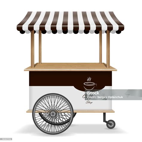 바퀴와 실제 거리 음식 카트입니다 모바일 커피 시장 축 사 서식 파일입니다 뜨거운 커피 키오스크 매장 이랑 격리입니다 벡터 일러스트 레이 션 카트에 대한 스톡 벡터 아트 및