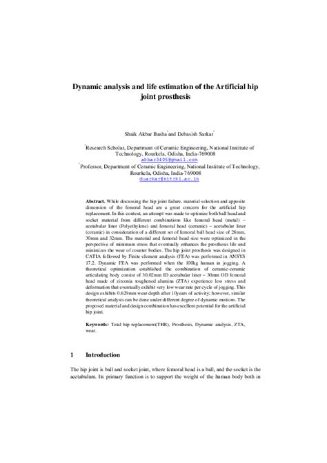 Pdf Dynamic Analysis And Life Estimation Of The Artificial Hip Joint Prosthesis Shaik Ameer