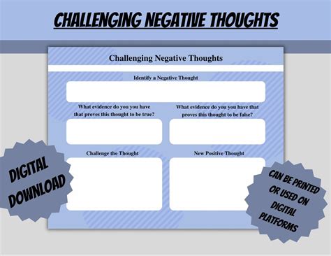 Challenging Negative Thoughts Printable Cbt Worksheet Digital Download Etsy