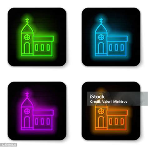흰색 배경에 고립 빛나는 네온 라인 교회 건물 아이콘 기독교 교회 교회의 종교 검은 정사각형 버튼 벡터 일러스트레이션 0명에 대한 스톡 벡터 아트 및 기타 이미지 Istock