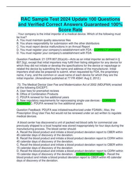 Rac Sample Test 2024 Update 100 Questions And Verified Correct Answers Guaranteed 100 Score