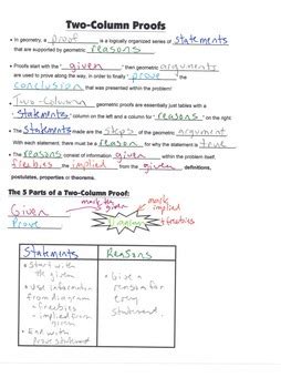 Geometry Guided Interactive Math Notebook Page Intro To Two Column Proofs