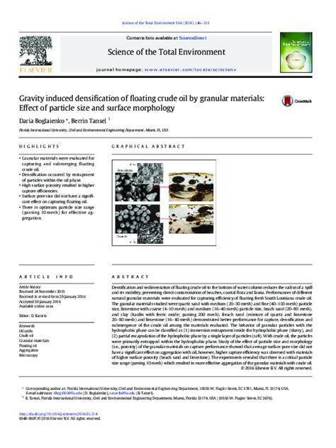 Pdf Gravity Induced Densification Of Floating Crude Oil By Granular Materials Effect Of