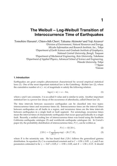 Pdf The Weibull Log Weibull Transition Of Interoccurrence Time Of Earthquakes