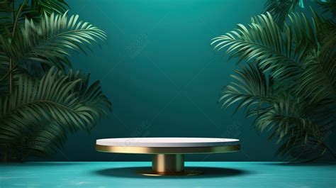 열대 테마 레스토랑 3d 시각화 생동감 넘치는 청록색 배경으로 광고 제품을 위한 높은 원형 디스플레이 스탠드 강조 청록색