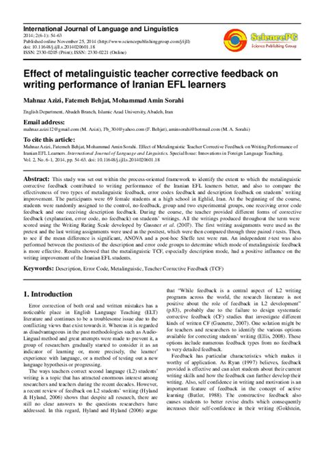 Pdf Effect Of Metalinguistic Teacher Corrective Feedback On Writing Performance Of Iranian Efl