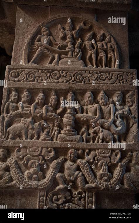 Intricately Carved Pillars Of Temple In Pattadakal Built During The